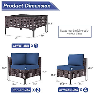 Halmuz 7 Piece Patio Furniture Set Outdoor Conversation Sofa Set, Skeleton Brown PE Rattan Wicker Furniture Patio Sofa w/Tempered Glass Top Table,Outdoor Furniture for Patio,Yard,Pool(Navy)