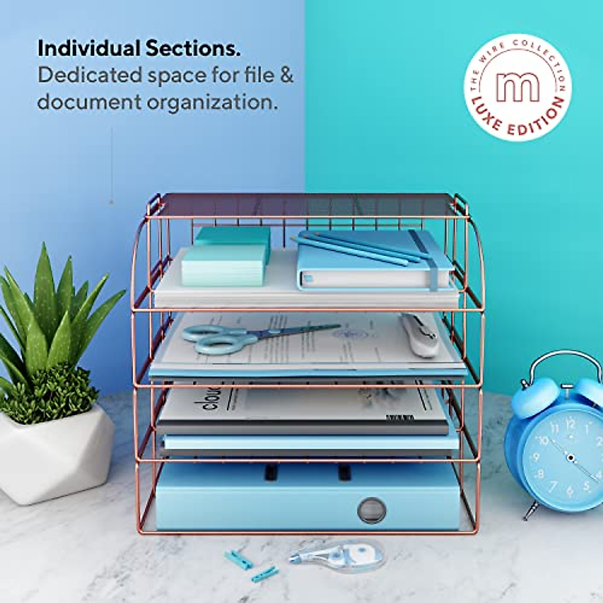 File Organizer for Desk, Letter Tray Desk Organizer, 4 Tier Desk Organizers and Accessories, File Folder Organizer, Desk File Organizer - Office Organization, 1 Upper Shelf, Wire Collection, Rose Gold