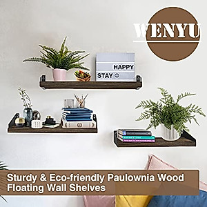WENYU Wood Floating Shelves-Set of 3 Wall Mounted Shelves Rustic Natural Wooden Wall Shelves with Metal Brackets for Bedroom Kitchen Living Room Office Wall Decor and Storage