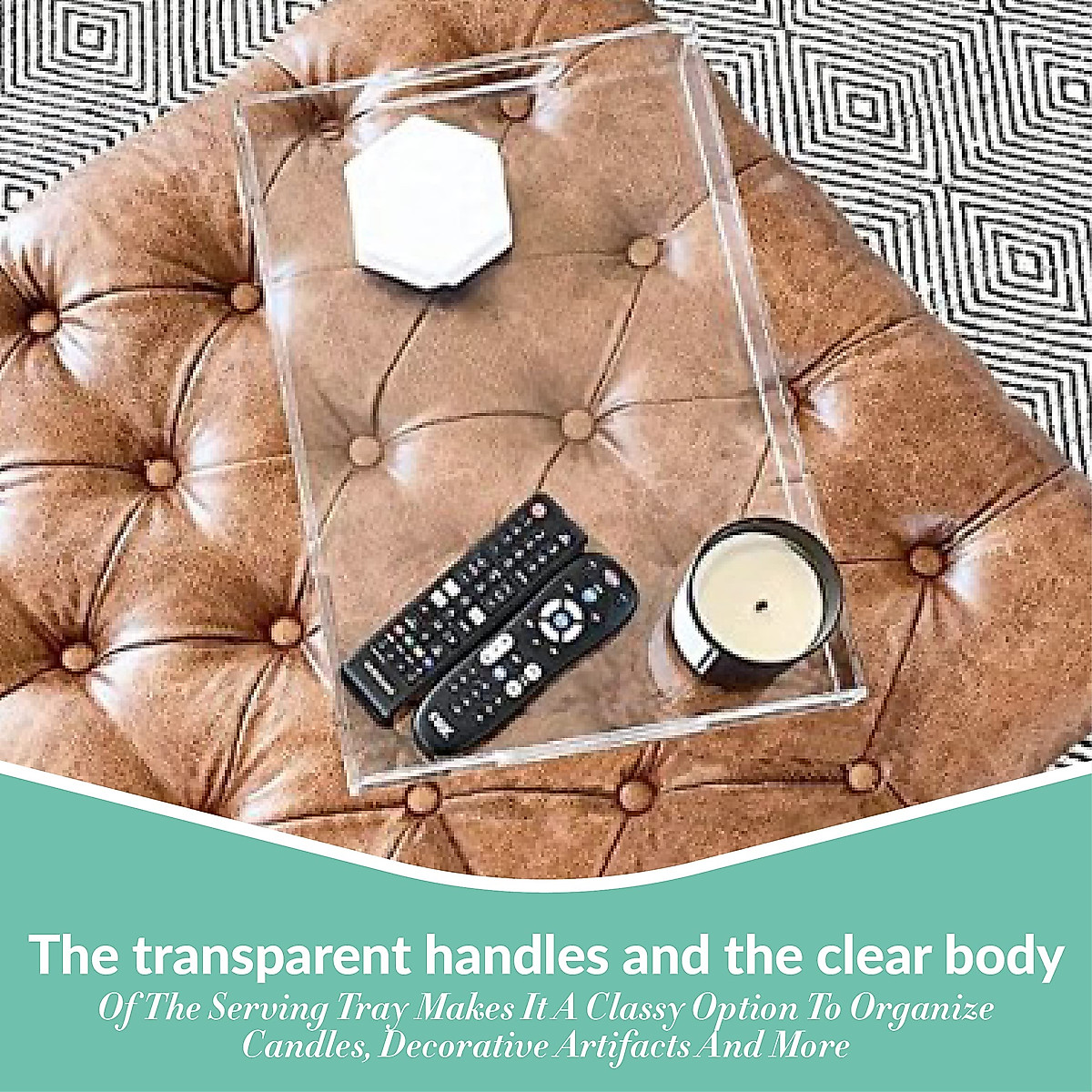 Rectangle Coffee Table Tray - Clear Acrylic Tray with Handles 16 x 12 x 2 - Rectangle Tray for Serving Food, Coffee, Organizing Bathroom Accessories, Makeup, Perfume, Ottoman, Eating in Bed Tray