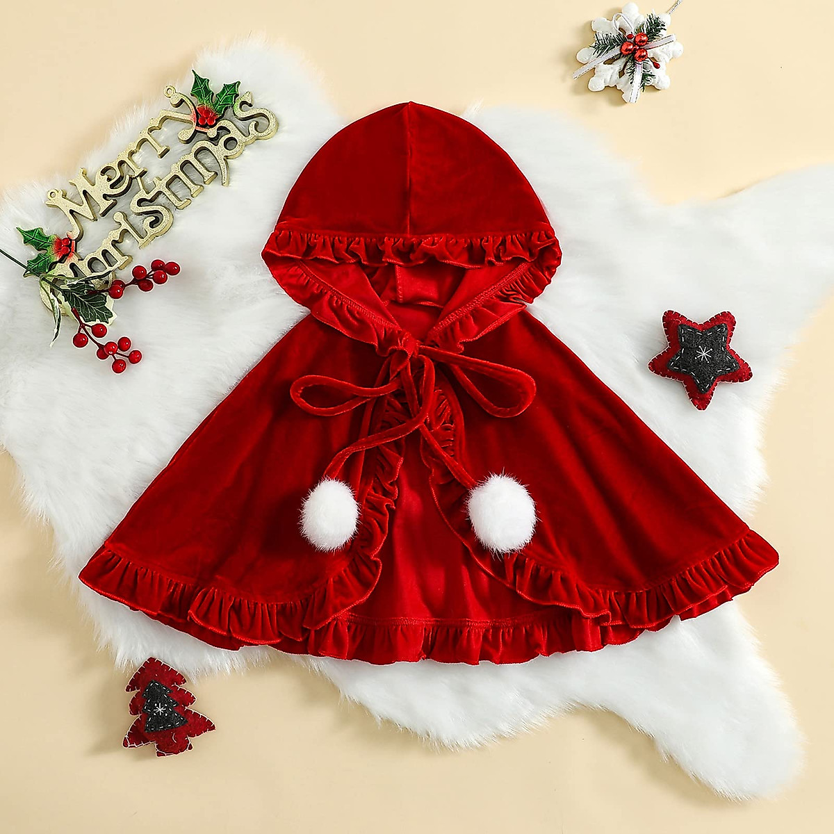 YOKJZJD Toddler Baby Girl Christmas Outfits Velvet Hooded Poncho Red Cape Cloak Coat Jacket (Red, 2-3 Years)