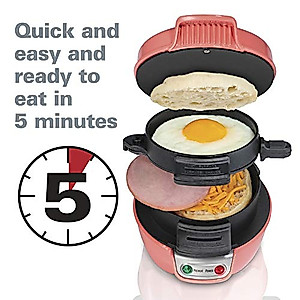 Hamilton Beach Breakfast Sandwich Maker, Coral & Electric Panini Press Grill with Locking Lid, Opens 180 Degrees for Any Sandwich Thickness, Nonstick 8" X 10" Grids, Red