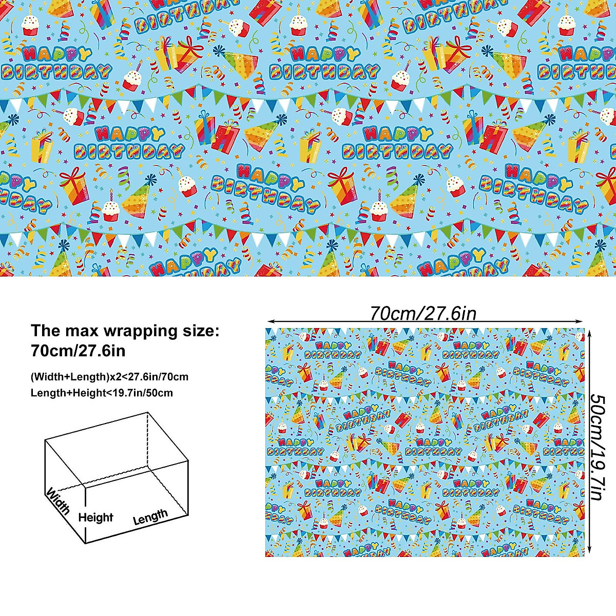 Dtiafu Birthday Wrapping Paper for Boys Girls Kids - Blue Glitter Gift Wrap with Happy Birthday Rainbow Balloons Hats - 20inch x 28inch Per Sheet(8 Sheets Folded Flat)