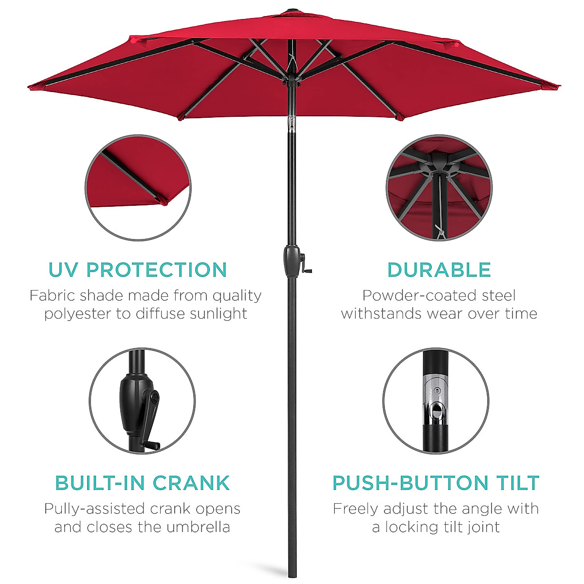 Best Choice Products 7.5ft Heavy-Duty Round Outdoor Market Table Patio Umbrella w/Steel Pole, Push Button Tilt, Easy Crank Lift - Red