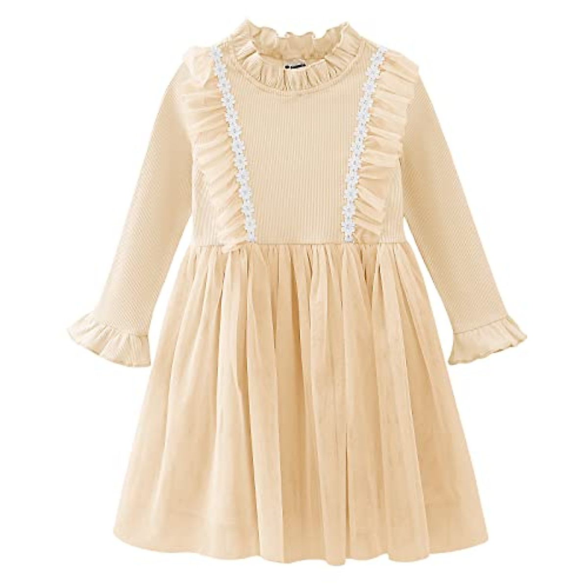 Toddler Baby Girls Knit Sweater Floral Tutu Dresses Long Sleeve Princess Fluffy Tulle Dress (Apricot, 4-5T)