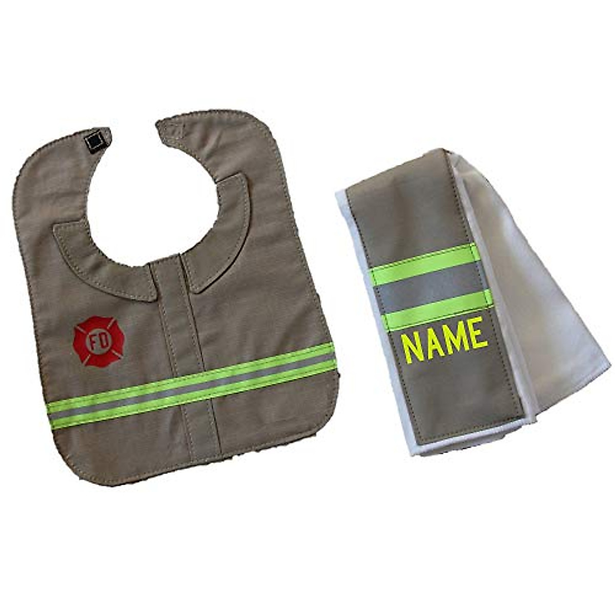 FIS Firefighter Personalized Tan Baby Burp Rag and Bib Set