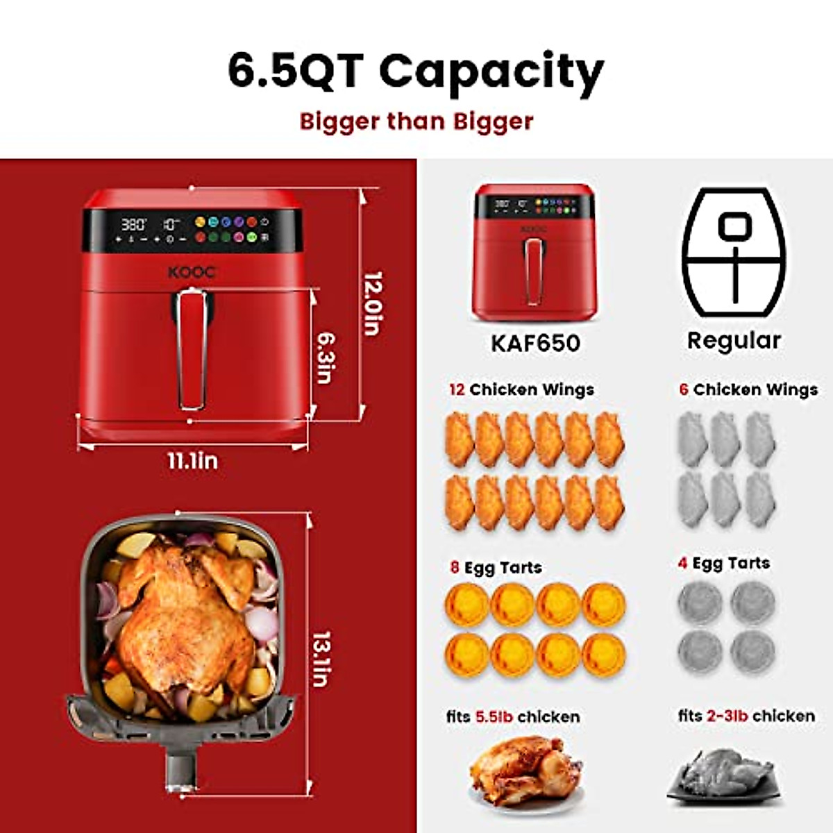 KOOC Air Fryer, 6.5 Quart 10 in 1 Electric Air Fryer Oven (Free Cheat Sheet for Quick Reference), LED Touch Digital Screen, Easy Customized Temp/Time, Nonstick Basket, 1700W, Red