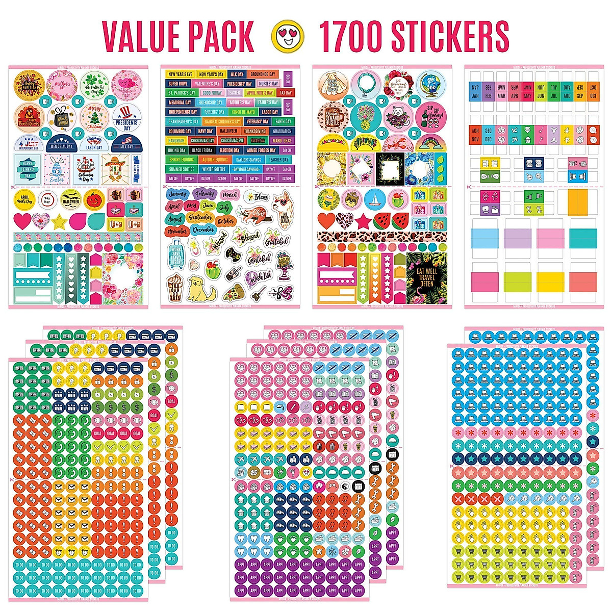 Mirida Planner Stickers – 1700 Productivity Mini Icons for Adults Calendar – Work, Daily To Do, Budget, Family, Holidays, Journaling – Variety Pack with Monthly Tabs