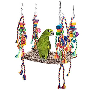 Bird Toys, Parrot Foraging Wall Toy, Edible Seagrass Woven Hammock Swing Perch with Colorful Chewing Toys for Lovebirds, Finch, Parakeets, Budgerigars, Conure, Cockatiel, Canary, Amazon, African Grey