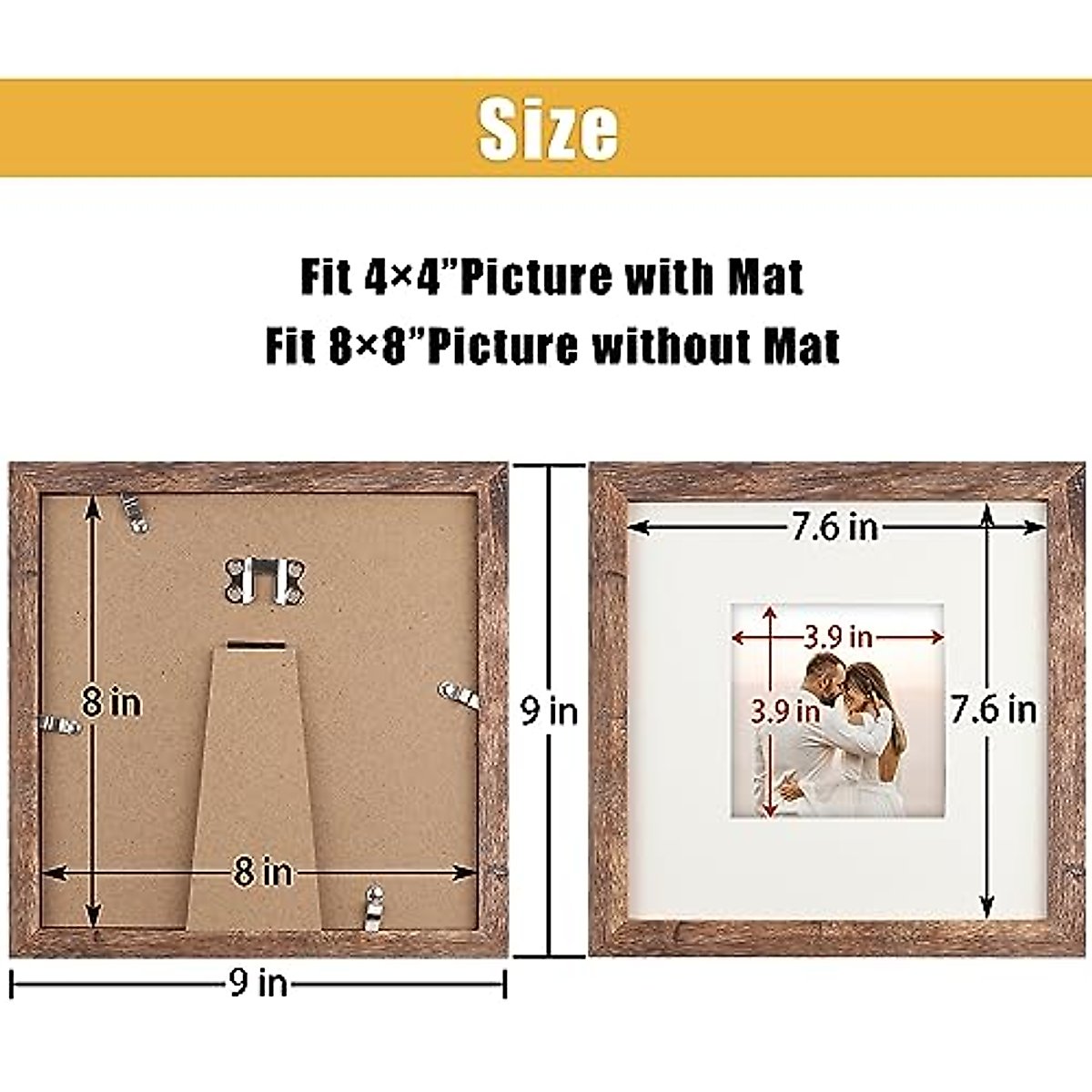 AVEAX 8x8 Picture Frames Display Pictures 4x4 with Mat or 8x8 Without Mat, Set of 4 Square Photo Frame for Wall or Tabletop Brown