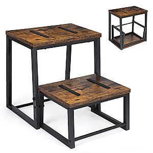 LIANTRAL Step Stool for Adults Kids, Sturdy Metal Frame Wooden Board Step Stool Helper, Supports Up to 350lb, Foot Stool, 2 in1 Step Stool for High Bed Kitchen Bathroom, Rustic Brown