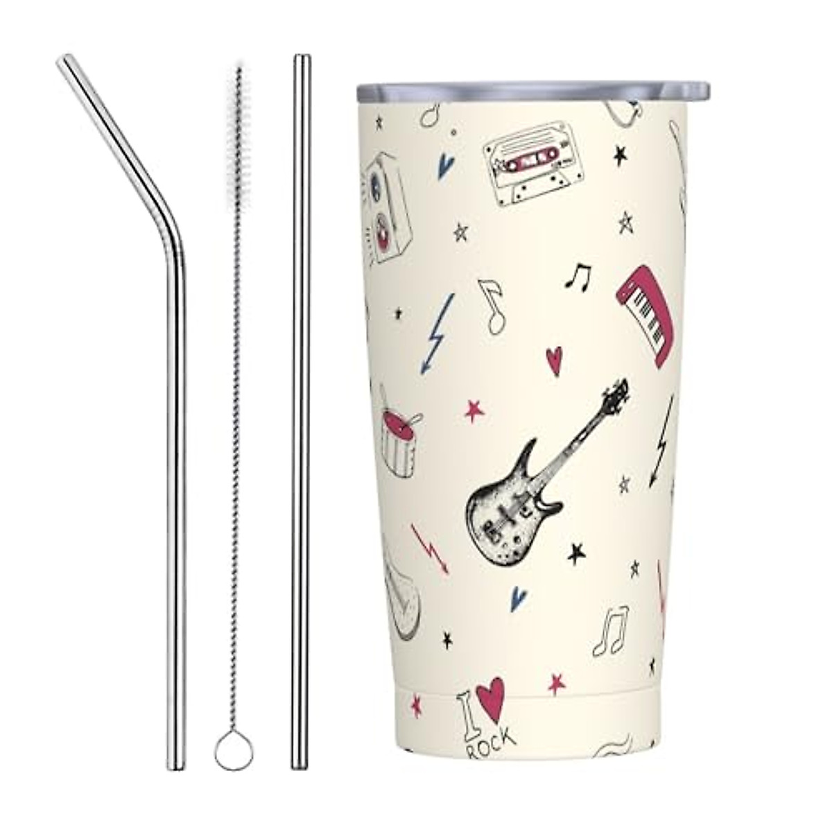 Yaxongx 20oz Tumbler Guitar Musical Music Double Wall Vacuum Insulated Coffee Mug with Lid and Metal Straw Brush Reusable Stainless Steel Water Bottle Travel Cup Gifts for Car Ice Drinks Hot Beverage