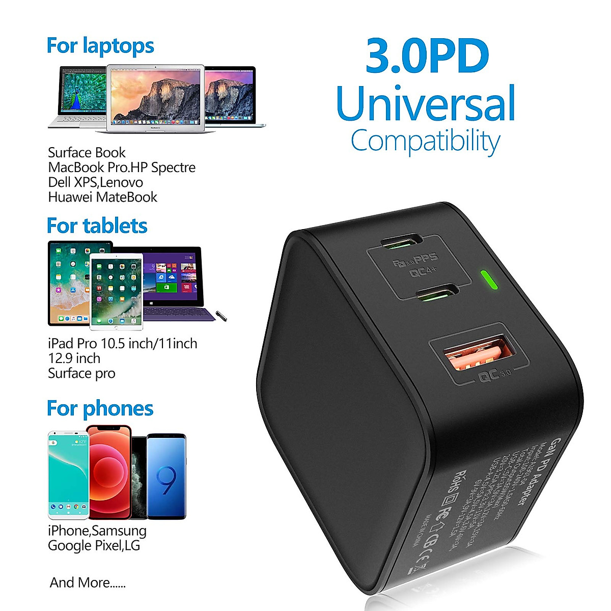 65W GaN USB C PD 3.0 QC 3.0 Charger, Surface Pro Mini Travel Charger for Surface Pro 3/4/5/6/2017/Surface Go/Surface Laptop/Surface Book Power Adapter Battery Supply Type C Wall Charger