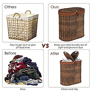 Giantex Double Laundry Hamper with Lid, Oval Laundry Basket with 2 Removable Liner Bags, Portable Handwoven Clothes Sorter Bin for Living Room Bedroom Laundry (Brown)