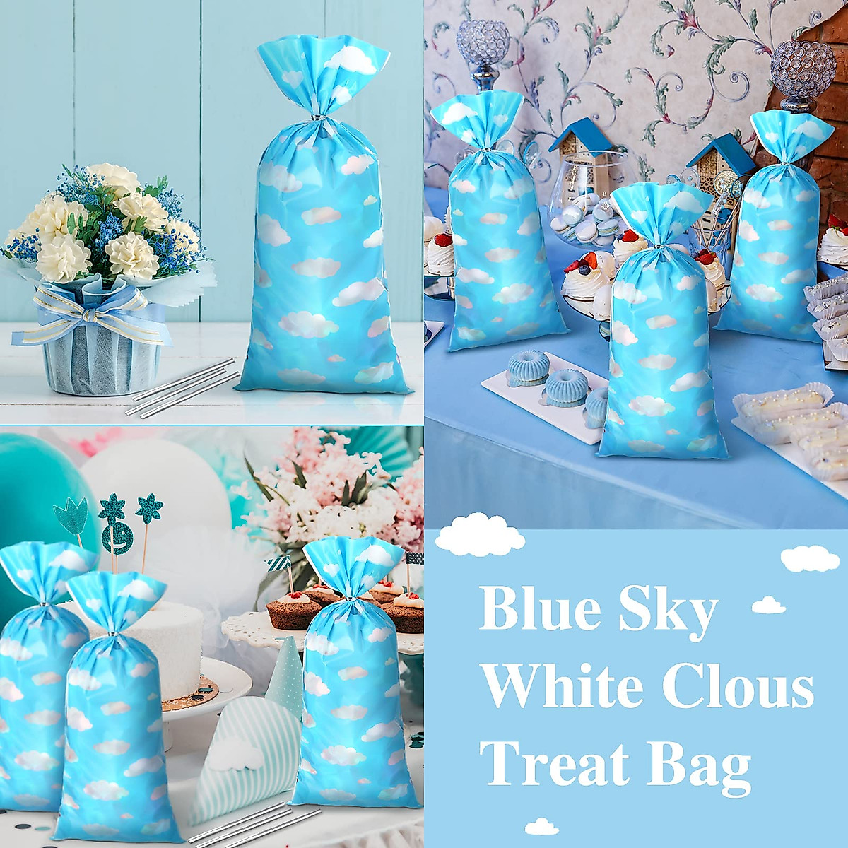 Outus 100 Pieces Blue Sky White Clouds Birthday Party Supplies Blue Sky White Clouds Cellophane Bags Cartoon Story Gift Bags with 200 Silver Twist Ties for Baby Kids Shower Birthday Party Decorations