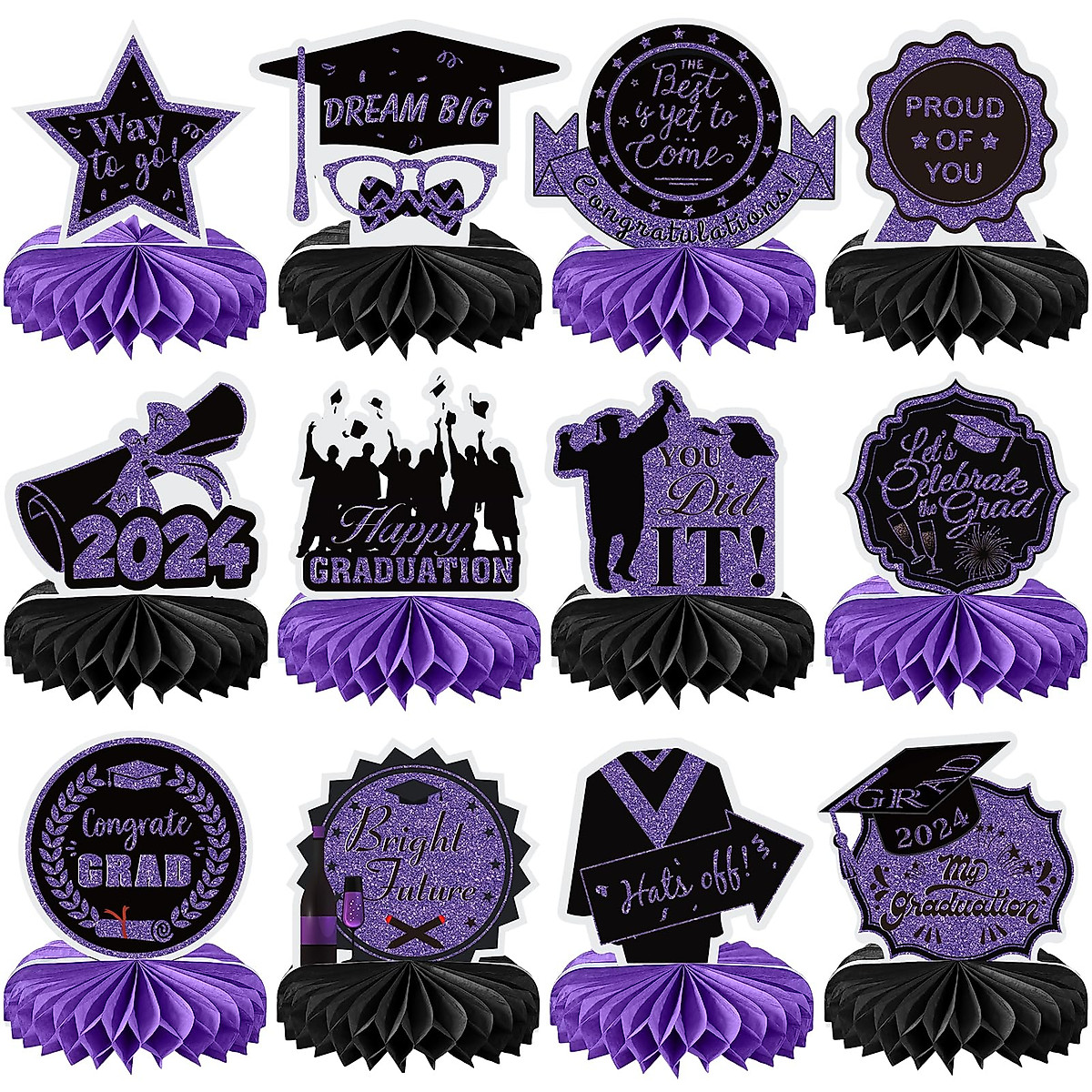 12PCS Graduation Decorations Class of 2024, Congrats Grad Table Centerpieces Graduation Honeycomb Centerpieces Grad Party Centerpieces 2024 Graduation Decorations for Party, Purple