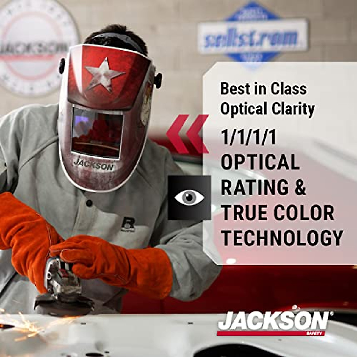 Jackson Safety Premium Auto Darkening Welding Helmet 4/5-13 Shade Range, 1/1/1/1 Optical Clarity, 1/25,000 sec. Response Time, 370 Speed Dial Headgear, Freedom Graphics, Red/White/Blue, 47103