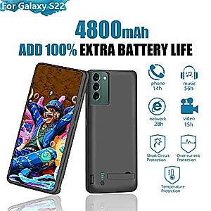 RUNSY Battery Case for Samsung Galaxy S22, 4800mAh Rechargeable Extended Battery Charging Charger Case, Add 100% Extra Juice, Not Compatible with S22+ or S22 Ultra (6.1 inch) Black