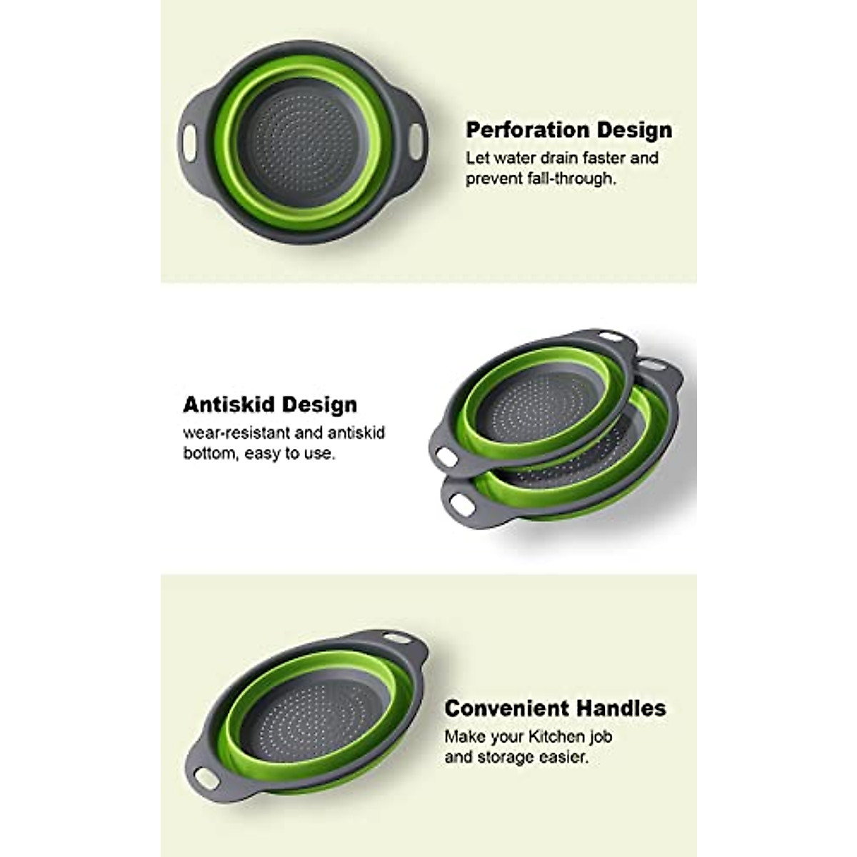 Collapsible Colander - 2 Pc Strainer Plus Portable Food Grade Silicone Measuring Cups and Spoons - Pasta Strainer for Draining, Vegetables, Fruits 1 Medium 4-Quart & 1 Small 2-Quart - Home Essentials