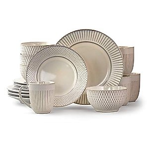 Elama Market Finds 16 Piece Round Stoneware Dinnerware Set in Embossed White