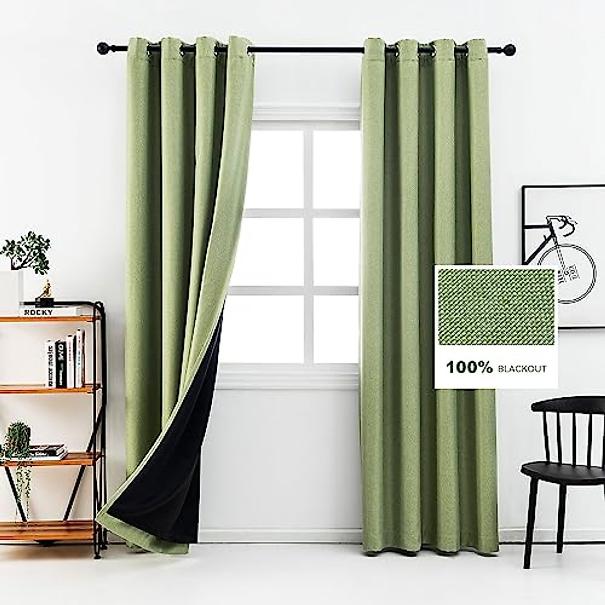 Anjee 100% Full Blackout Curtains for Bedroom 84 Inches Long 2 Panels Set, Textured Linen Living Room Darkening Curtain Light Blocking Window Drapes with Thermal Insulated Liner,Green,52 X 84 Inch