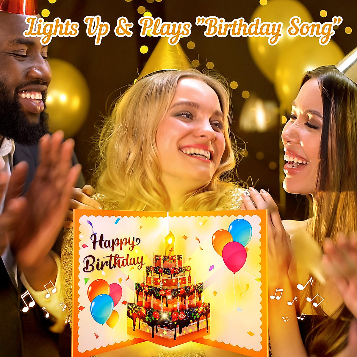 FITMITE Birthday Cards, Musical Pop Up Birthday Cards with Light, Blow Out LED Light Candle and Play Happy Birthday Music Pop Up Card, 90 Degree Vertical Cake Greeting Card, Birthday Gifts for Women