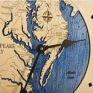 Sea & Soul Chesapeake Bay 3-D Nautical Wood Chart 12" Wall Clock, Handcrafted in The USA, Topographic Water Map Clock, Carved Lake Art Wall Clock, Coastal Décor (Deep Blue)