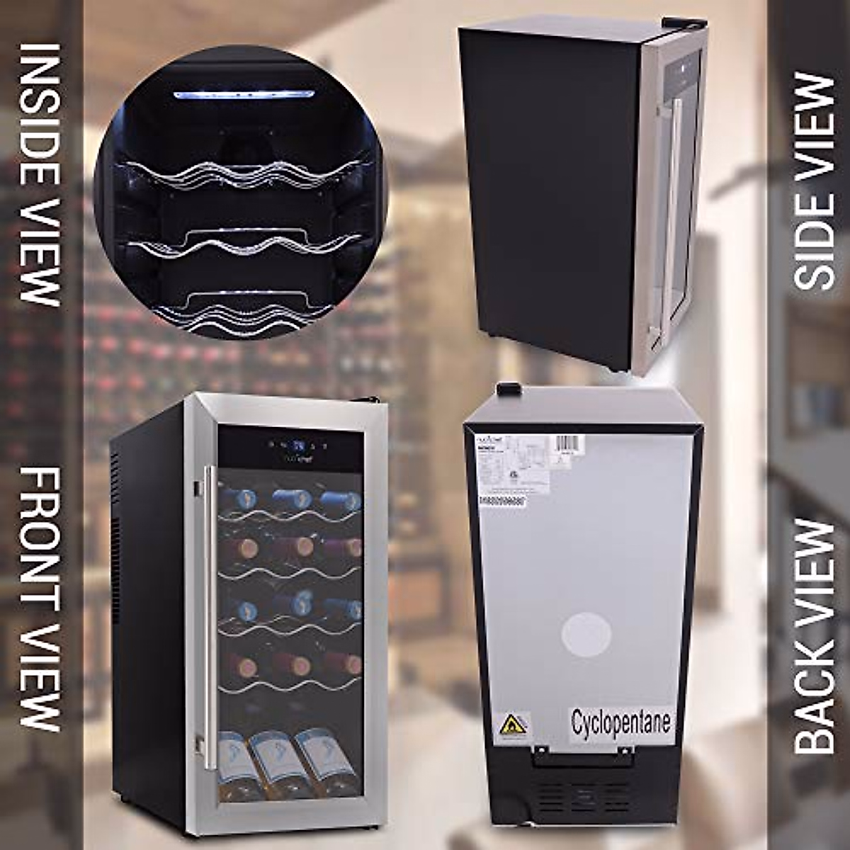 NutriChef 18 Bottle Compressor Wine Cooler Refrigerator | Large Freestanding Wine Cellar For Red, White, Champagne or Sparkling Wine | 41f-64f Digital Temperature Control Fridge Glass Door Black
