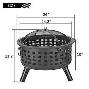 LIUXUEFE Round Outdoor Fire Pit, Brazier Poker Spark Screen Outside Flame Retardant Net Cover, Metal Grate Black