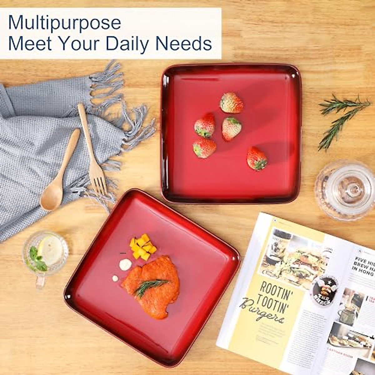 LOVECASA Red Dinner Plates Set of 4, Square Dessert Salad Plates Set, 10 Inch Stoneware Plates, Dishwasher, Oven and Microwave Safe