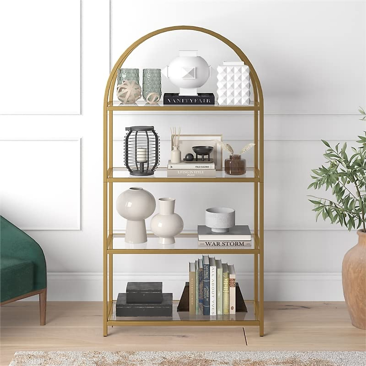 Garrett 62'' Tall Rectangular Bookcase in Brass