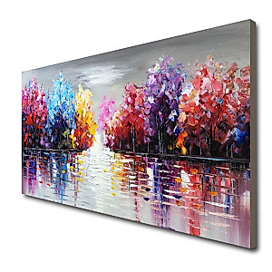 Hand Painted Lake Landscape Canvas Wall Art with Colorful Tree Thick Texture Oil Painting Abstract Artwork (48 x 24 inch)