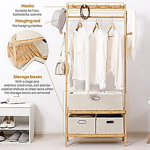 Homde Bamboo Clothing Rack with 3 Storage Box, Garment Rack Clothes Racks for Hanging Clothes, Standing Wardrobe Storage Rack with 2 Organizer Shelves, Portable, Natural