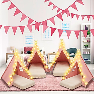 Windyun 6 Pack Kids Teepee Tent Bulk with Light String & Inflatable Airbed & Bedding Fitted Sheet, Natural Cotton Toddler Play Tent Washable Foldable Tent for Girls Boys Indoor Outdoor (Pink)