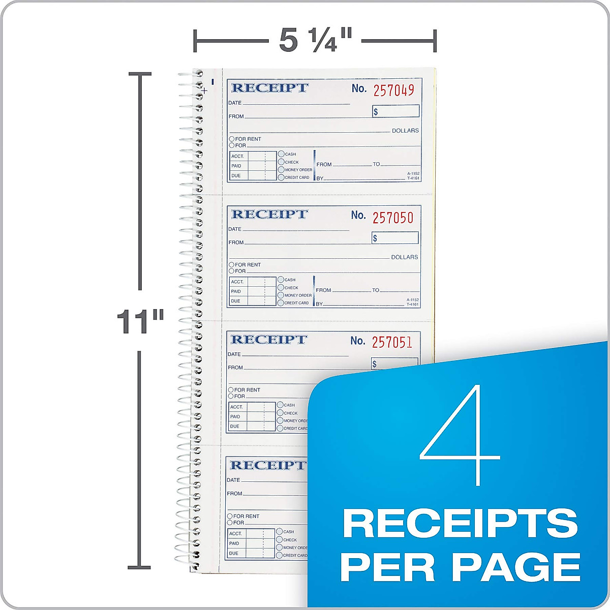 Adams Money and Rent Receipt Book, 2-Part Carbonless, 5-1/4" x 11", Spiral Bound, 200 Sets per Book, 4 Receipts per Page (SC1152)