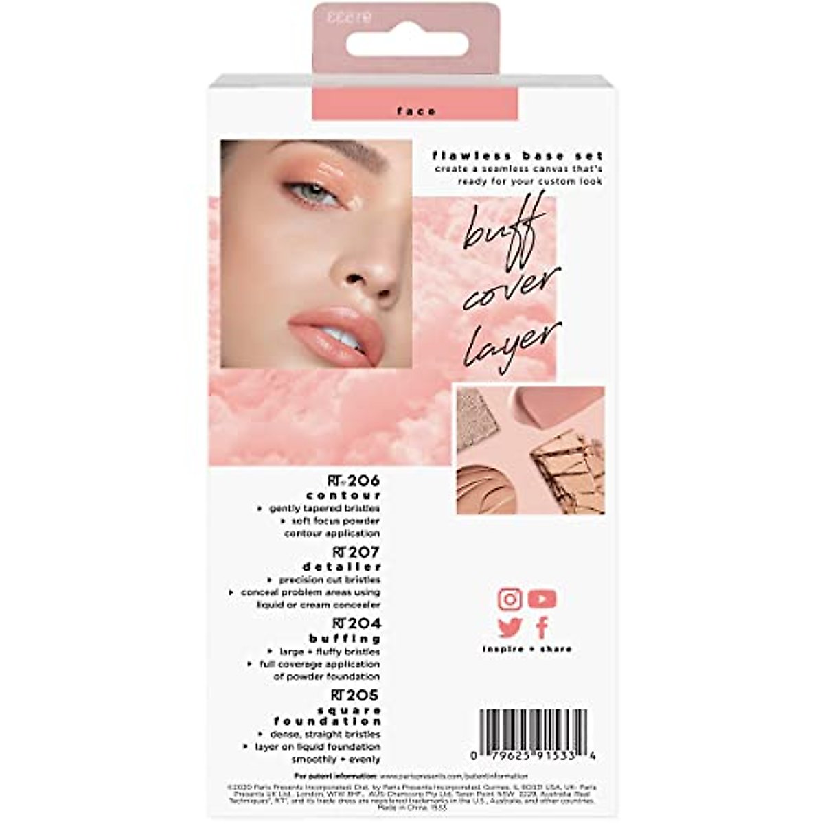 Real Techniques Flawless Base Brush Set With Ultra Plush Custom Cut Synthetic Bristles and Extended Aluminum Ferrules to Build Coverage for Every Makeup Application Need, Orange, 5 Piece