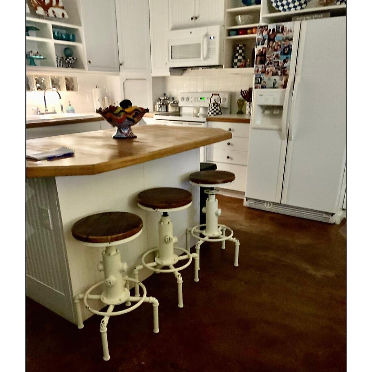 Topower Antique Vintage Industrial Barstool Solid Wood Water Pipe Fire Hydrant Design Cafe Coffee Industrial Bar Stool Set of 2 Antique White