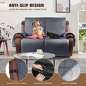 KinCam Waterproof Loveseat Recliner Cover, Reclining Loveseat Covers for 2 Seat, Recliner Sofa Cover Furniture Protector with Elastic Straps for Kids, Pets, Gray