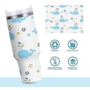 Burbuja Cute Blue Whales 40oz Insulated Tumblers with Handle and Straw Lid, Double Wall Stainless Steel Travel Mug Leak-Proof, BPA Free, Gift for Mom Dad