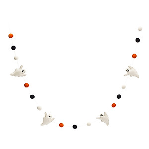 Glaciart One Felt Balls + Ghosts Garland - Easy to Hang Halloween Party Banner Decoration - 100% New Zealand Wool, Hand-Felted in Nepal - 5' Long, 15 White Orange & Black Pom Poms, 4 Ghost Ornaments