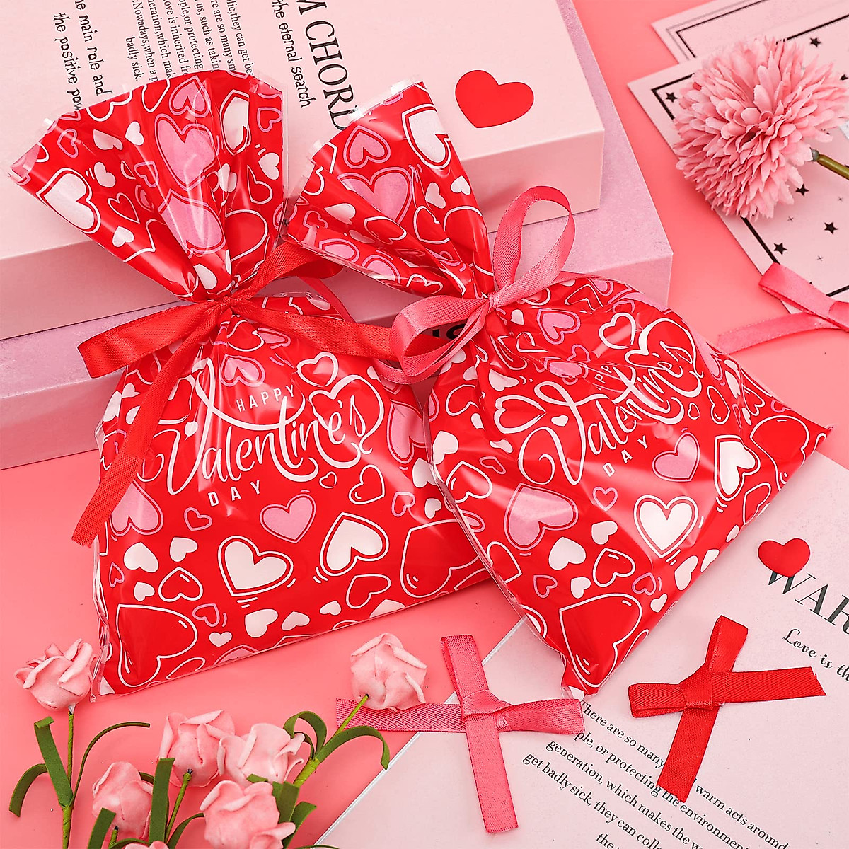 AnyDesign 100Pcs Valentine's Day Treat Bags Red Heart Candy Cellophane Bag 6 x 9 Inch Happy Valentine's Day Plastic Goody Bags with Red and Pink Ribbon for Valentine Party Favor Supplies Gift