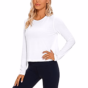 CRZ YOGA Pima Cotton Long Sleeve Workout Shirts for Women Loose Cropped Tops Athletic Sports T-Shirt White Small