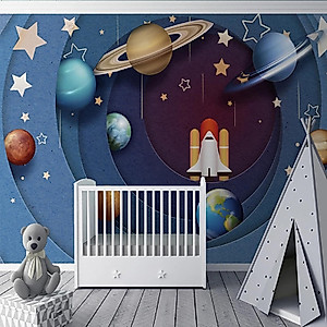 Space Planet Wall Mural Wallpaper, 3D Star Rocket Peel and Stick Self-Adhesive Wallpaper, Removable Large Photo Sticker TV Background Decor for Living Room Bedroom 144"W x 100"H