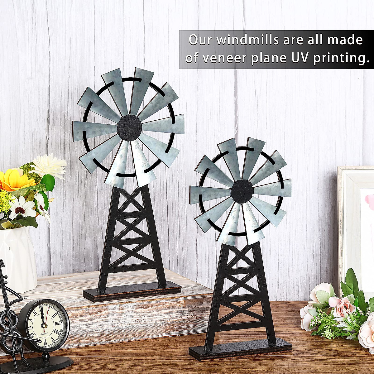 Set of 2 Wooden Farmhouse Windmill Table Top Decor Wood Small Distressed Windmill Table Decor Black Grey Rustic Windmill Themed Table Decor for Kitchen Garden Home Decor