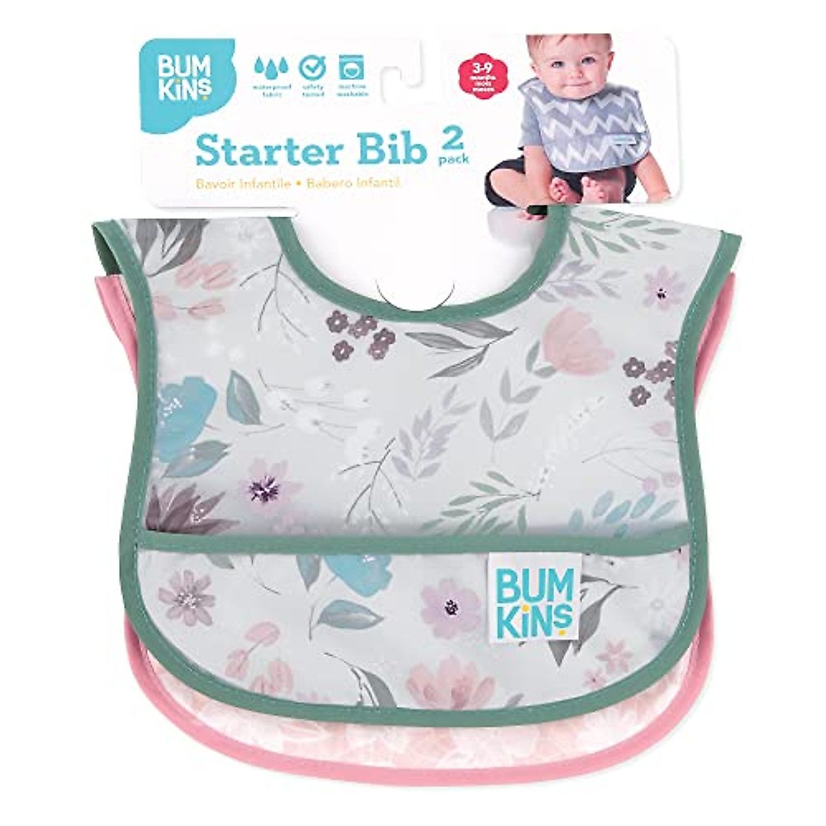 Bumkins Starter Bib, Baby Bib Infant, Waterproof Fabric, Fits Infants and Babies 3-9 Months - Floral & Lace (2-Pack)