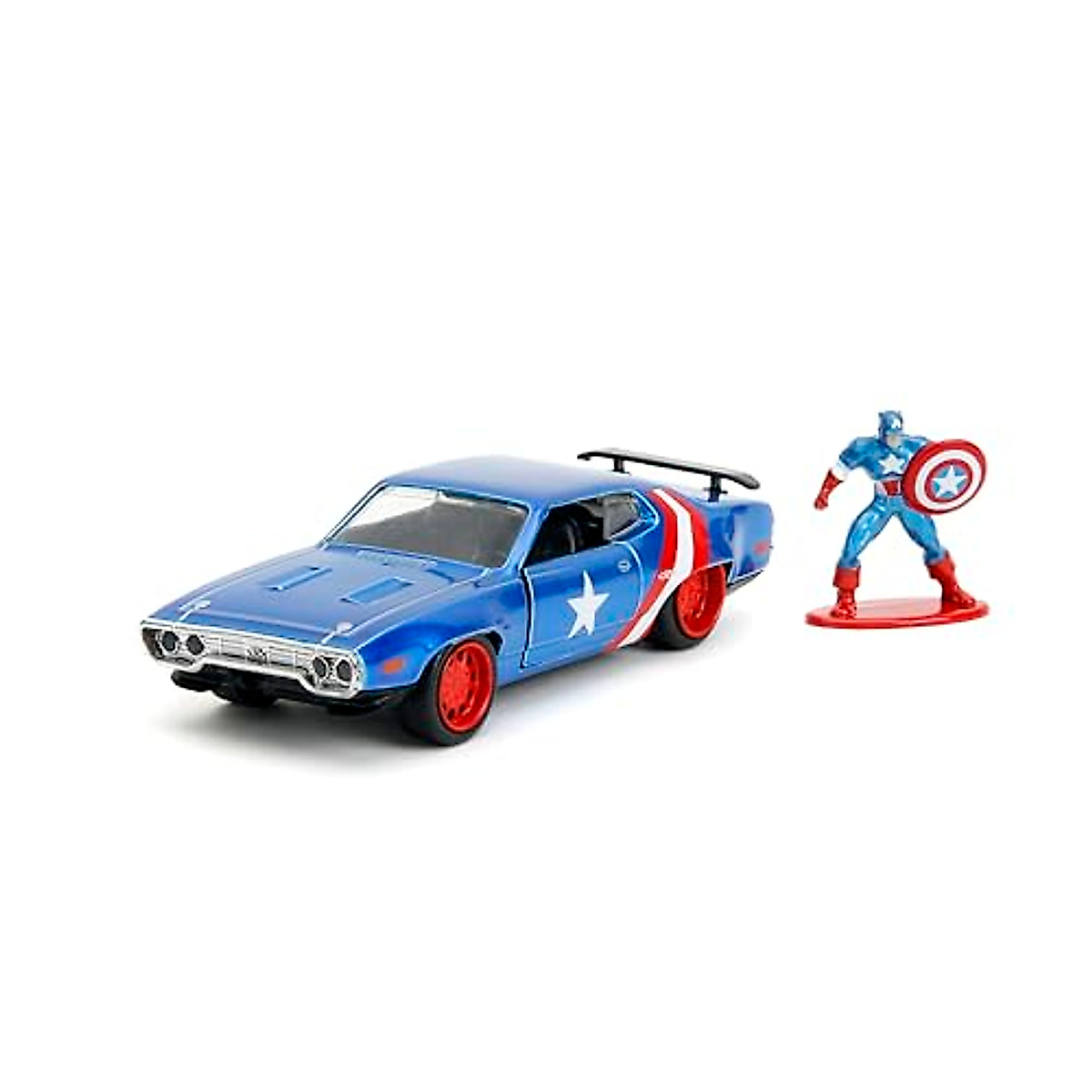 Jada 1972 Plymouth GTX Candy Blue with Red and White Stripes and Captain America Diecast Figure The Avengers Hollywood Rides Series 1/32 Diecast Model Car