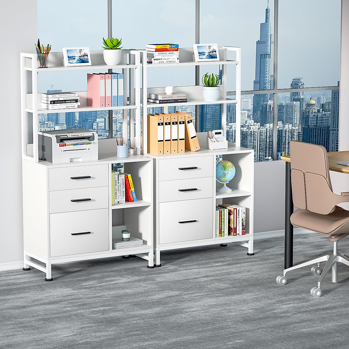 Pipleo 3-Drawer File Cabinet, Vertical Filing Cabinets for Home Office Organization, Stylish Office Shelves and Bookshelf with Drawers - A4 and Letter Size Compatible (White)
