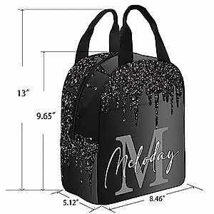 Personalized Casual Daypack School Bag with Name for Students Back School Gift, Custom Black Sparkle Drip Monogram Lunch Box Bag Backpack Shoulder Bag Book Bag Travel Knapsack for Men Women Hiking