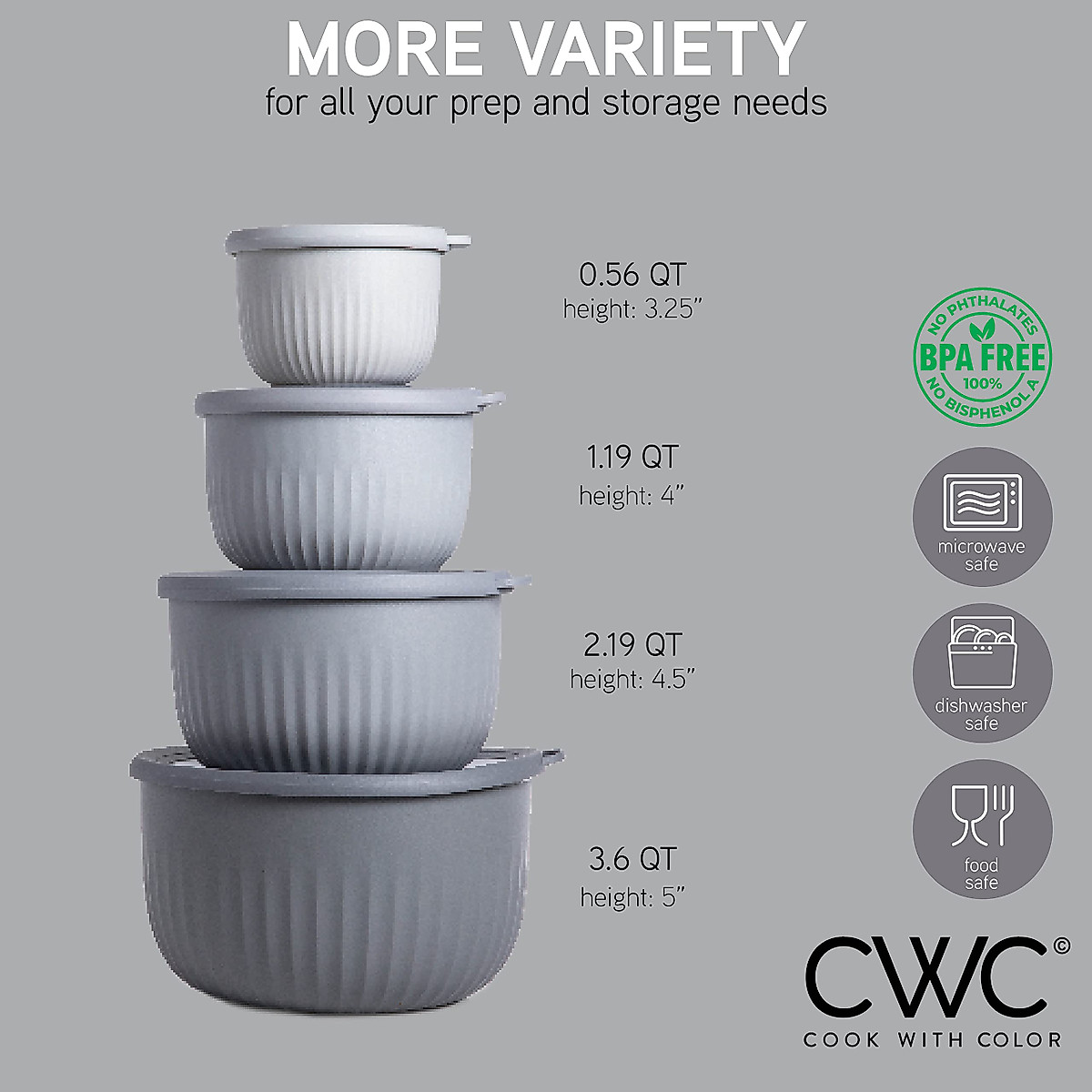 COOK WITH COLOR Prep Bowls with Lids- Deep Mixing Bowls Nesting Plastic Small Mixing Bowl Set with Lids (Grey Ombre)