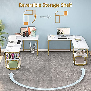 Merronix L Shaped Desk with Storage Shelves, Reversible Corner Computer Desk for Home Office, Modern Gaming L Desk with Spacious Desktop, White Marble and Gold